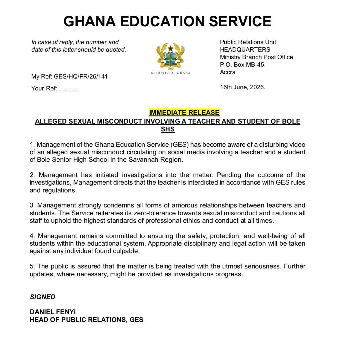GES Interdicts Teacher Over Alleged Sexual Misconduct Video at Bole SHS ...