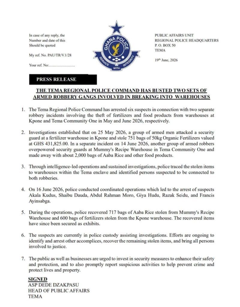 Tema Police bust two warehouse robbery gangs, recover over 1,300 bags ...