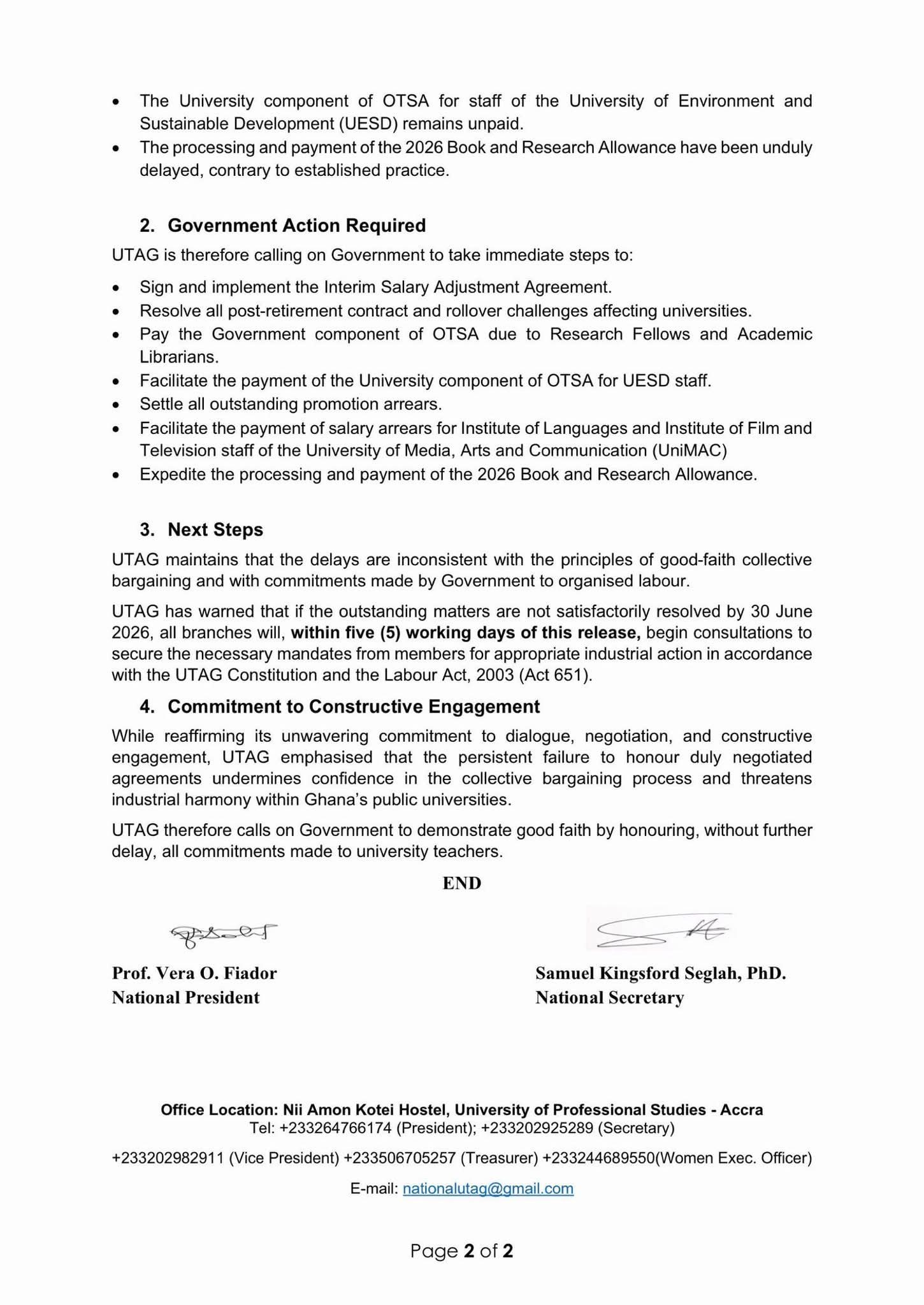 UTAG threatens nationwide strike over unpaid allowances and salary ...